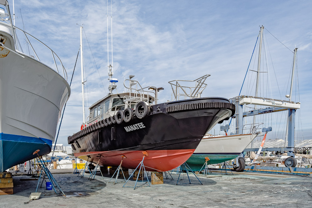 Pilot Boat, Manatee, on Jacks in the Boatyard at Maximo Marina