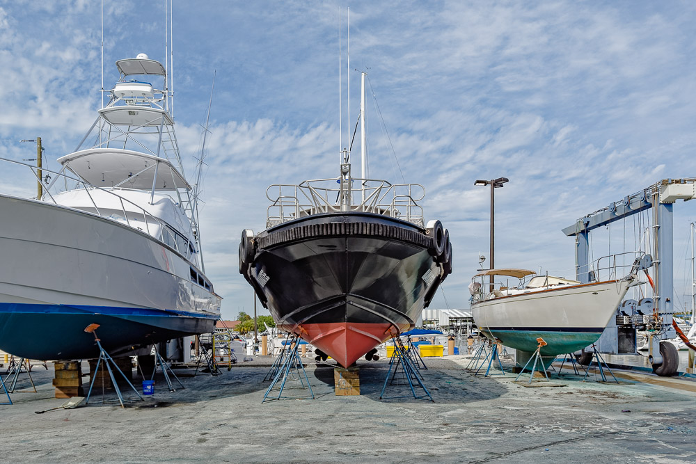 Pilot Boat, Manatee, on Jacks in the Boatyard at Maximo Marina